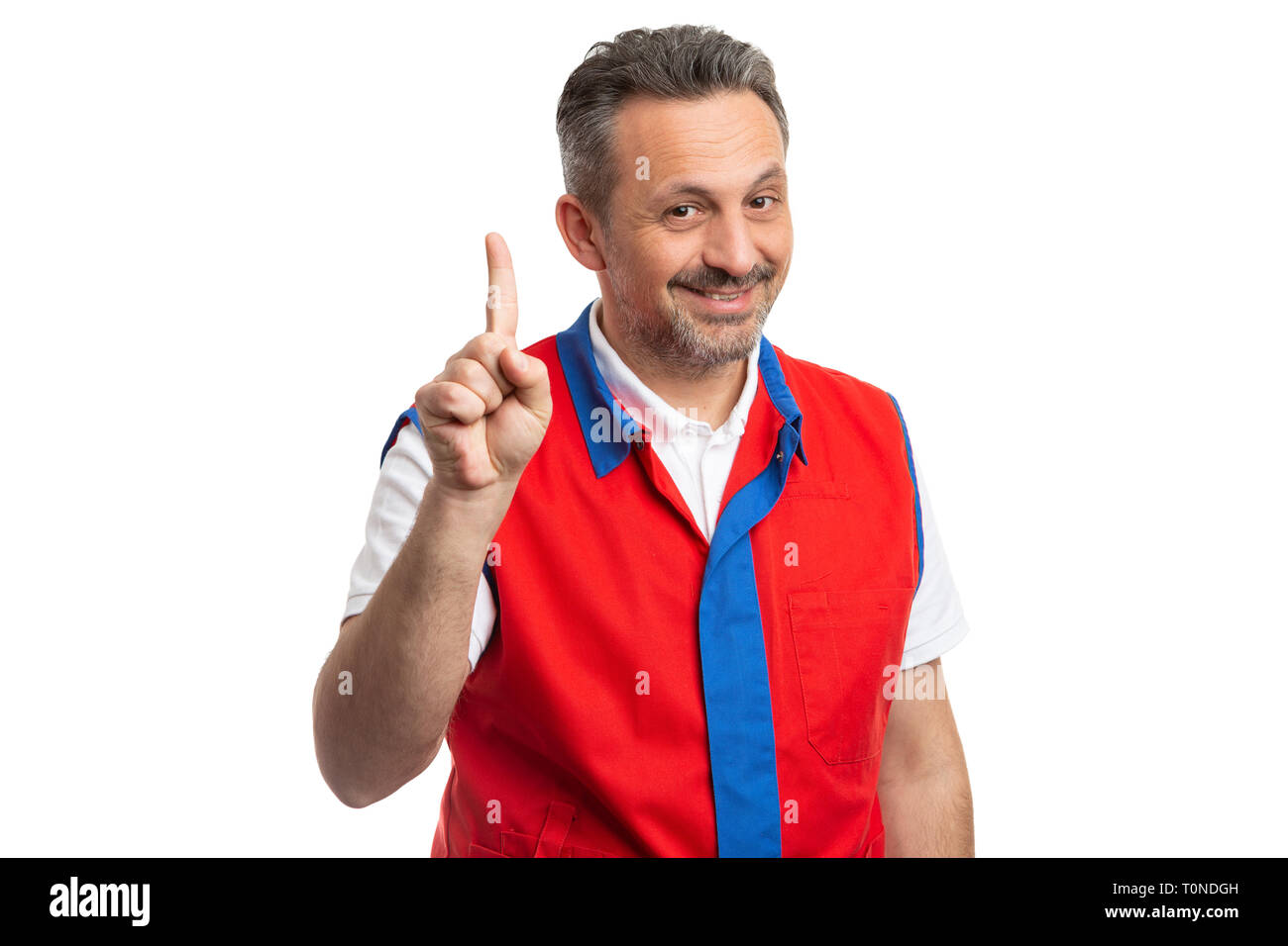 Friendly hypermarket or supermarket male employee making number one ...