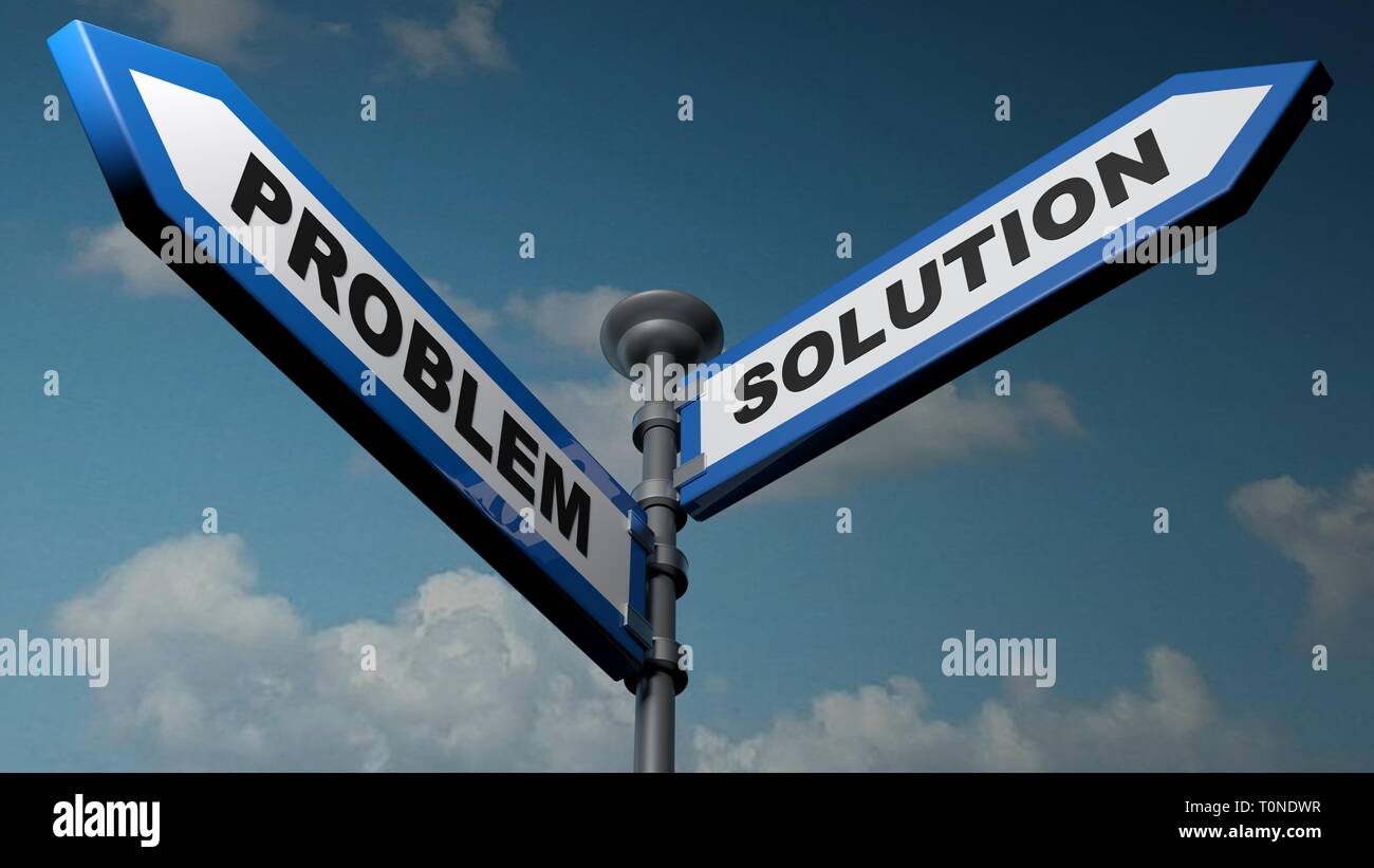Problem - Solution blue arrow street signs - 3D rendering illustration ...