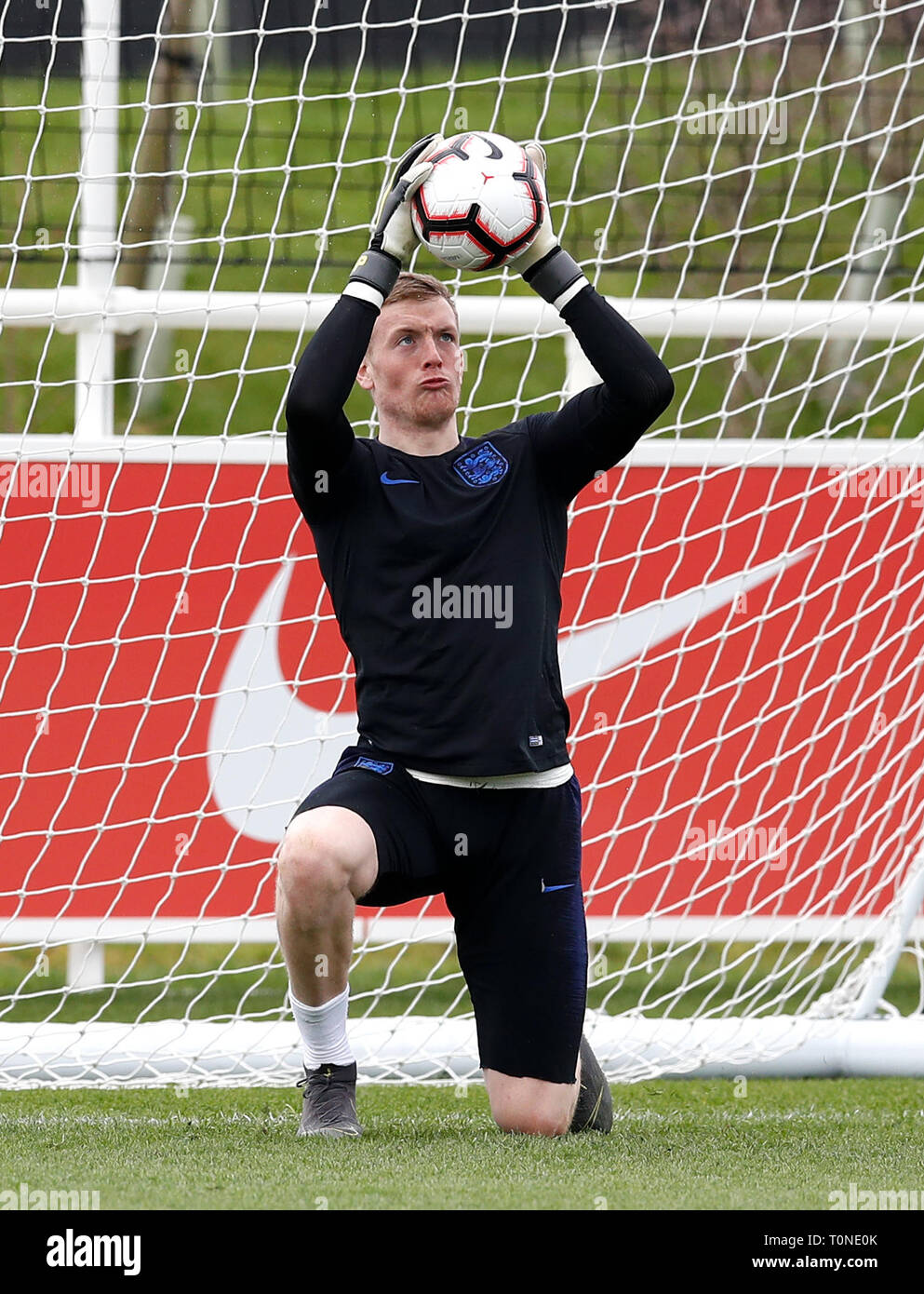England goalkeeper Jordan Pickford during the training session at St ...