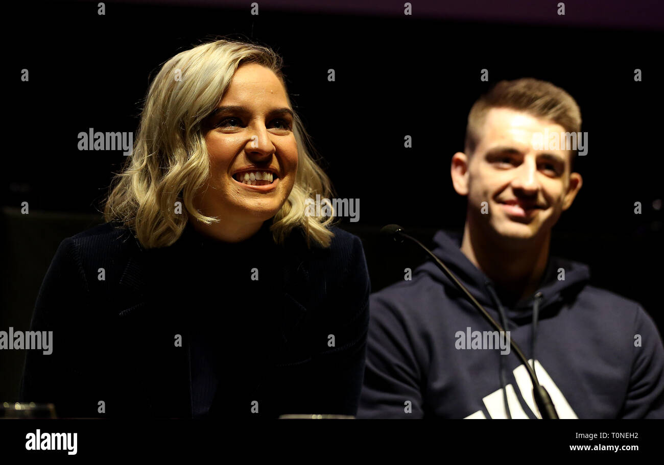 Emily Frazer from Matchroom and judge Max Whitlock talk during the ...