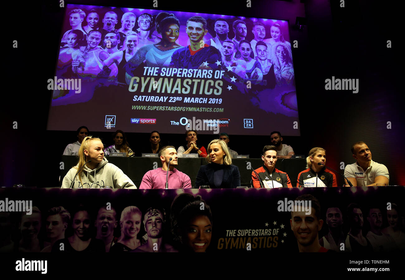 Emily Frazer from Matchroom with the gymnasts during the press ...