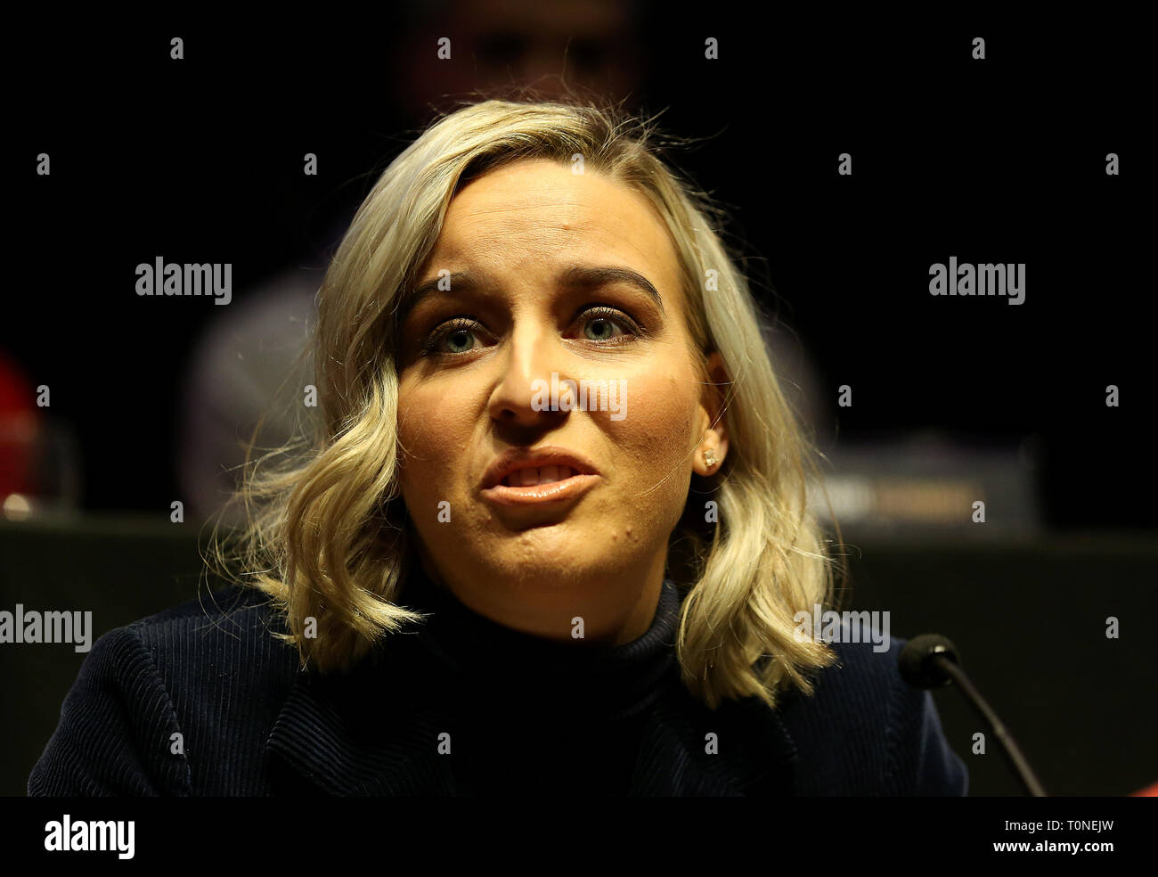 Emily Frazer from Matchroom talking to the media during the press ...