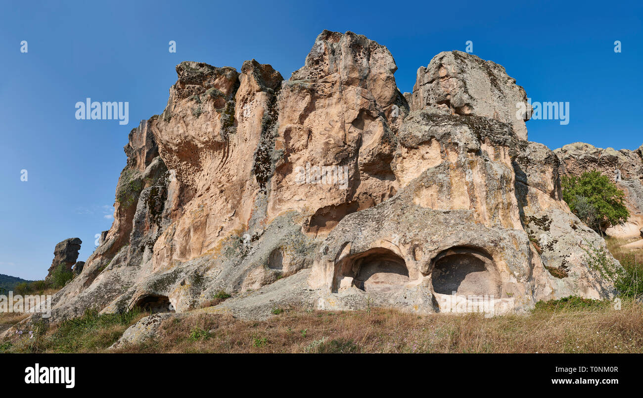 Phrygian and later rock tombs cut into the rocks faces protecting the ...