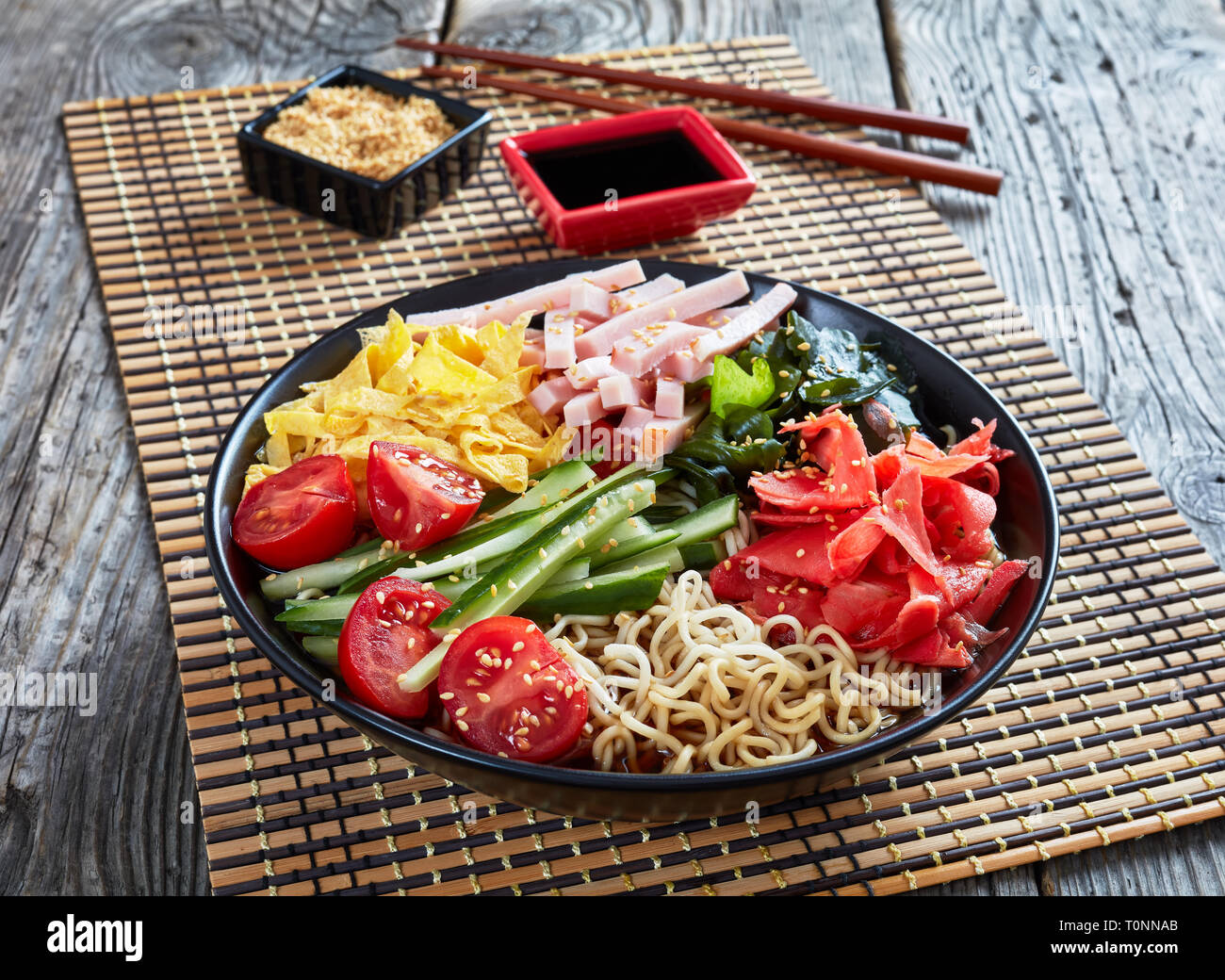 Hiyashi chuka, cold ramen - chilled egg noodles, topped with vegetables ...