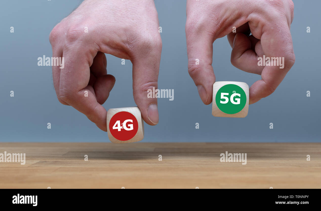 Symbol of selecting the new mobile standard 5G over 4G. Hand picks the ...
