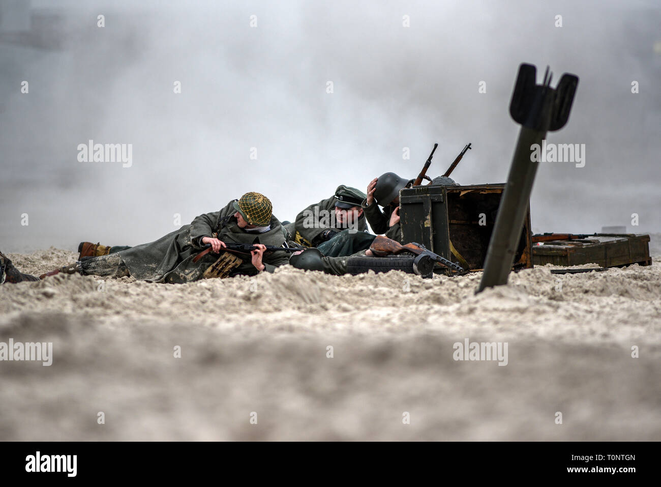 Poland, Kolobrzeg, 17 march 2019: Soldiers fighting on the beach during ...
