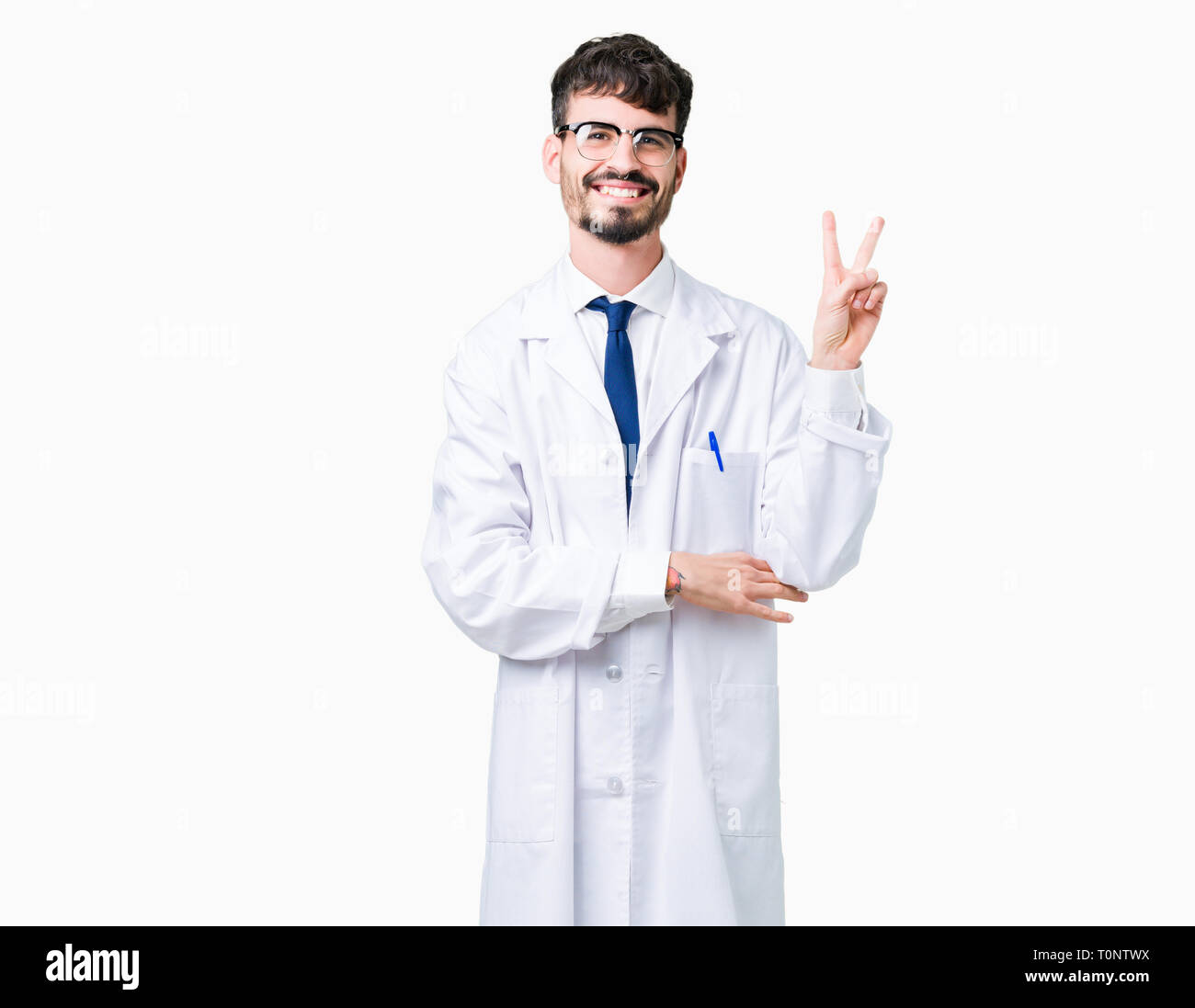 Young professional scientist man wearing white coat over isolated ...