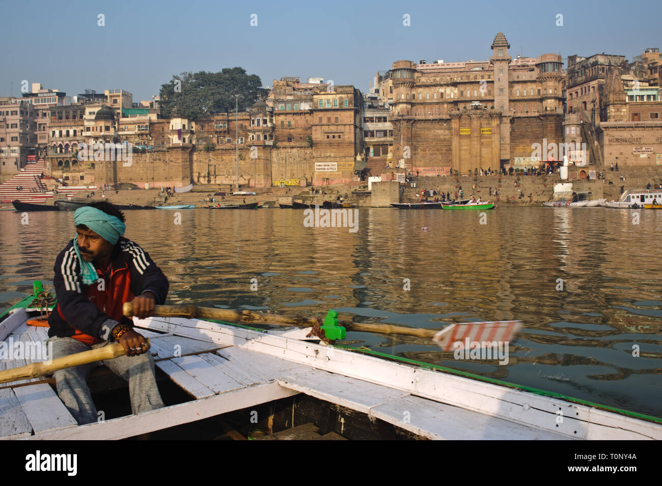 Man boating on the Ganges river ( India Stock Photo - Alamy