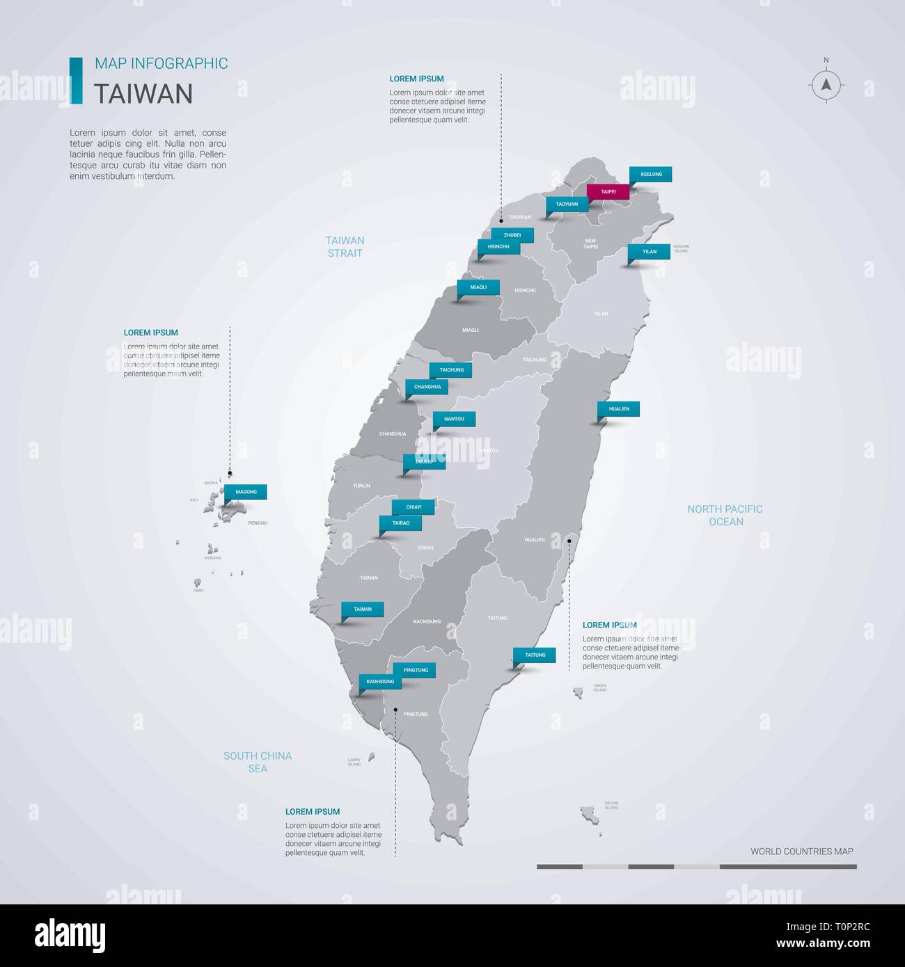 Taiwan vector map with infographic elements, pointer marks. Editable ...