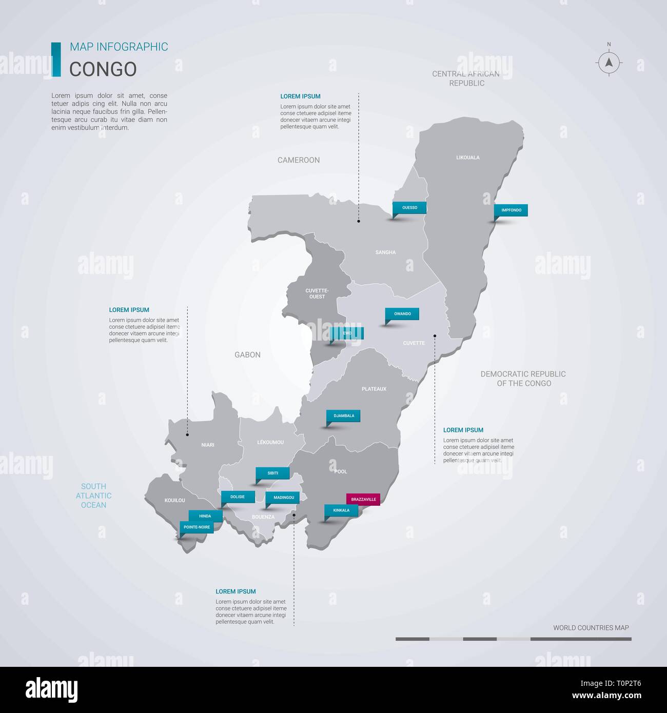 Congo vector map with infographic elements, pointer marks. Editable ...