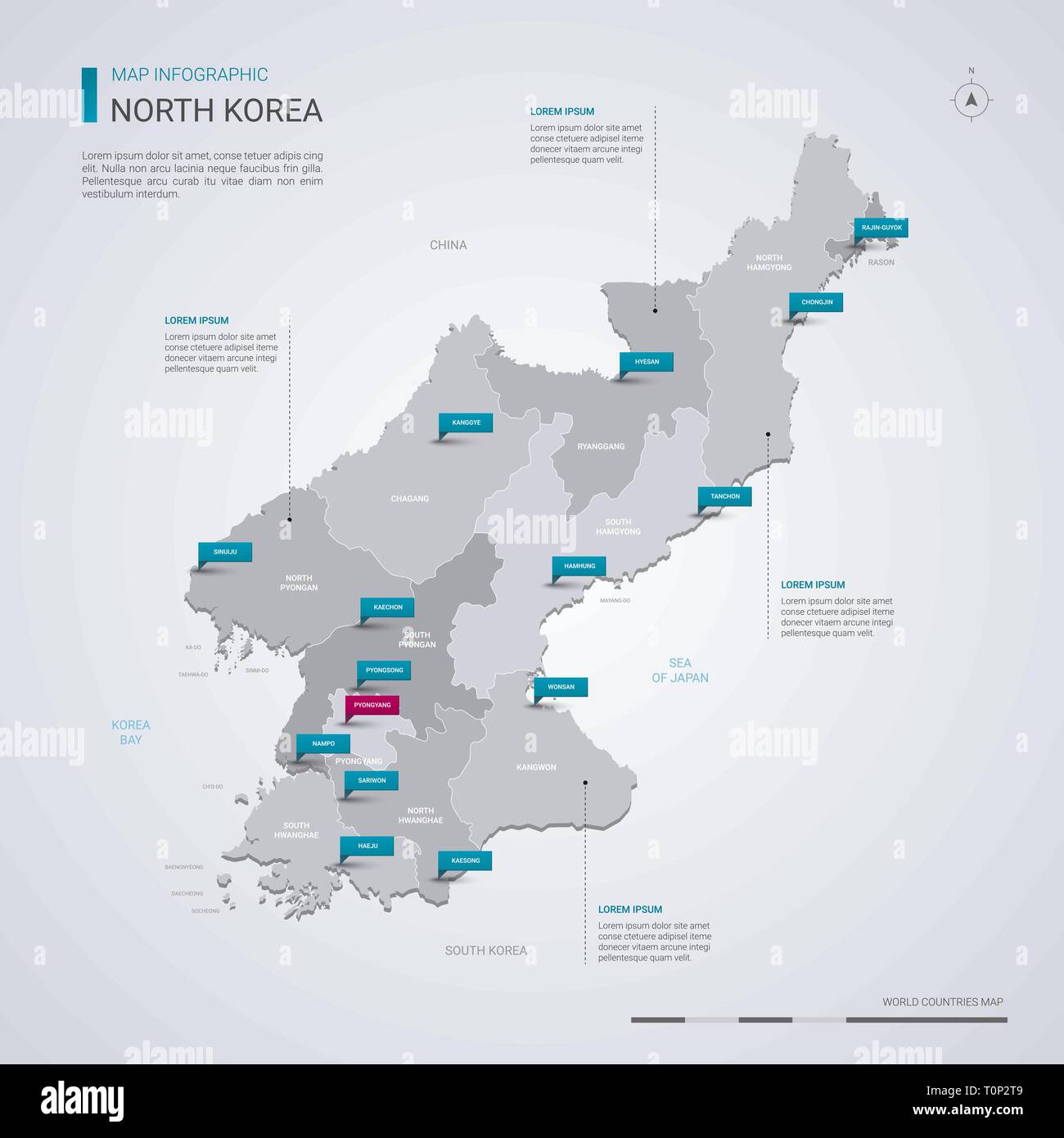 North Korea vector map with infographic elements, pointer marks ...