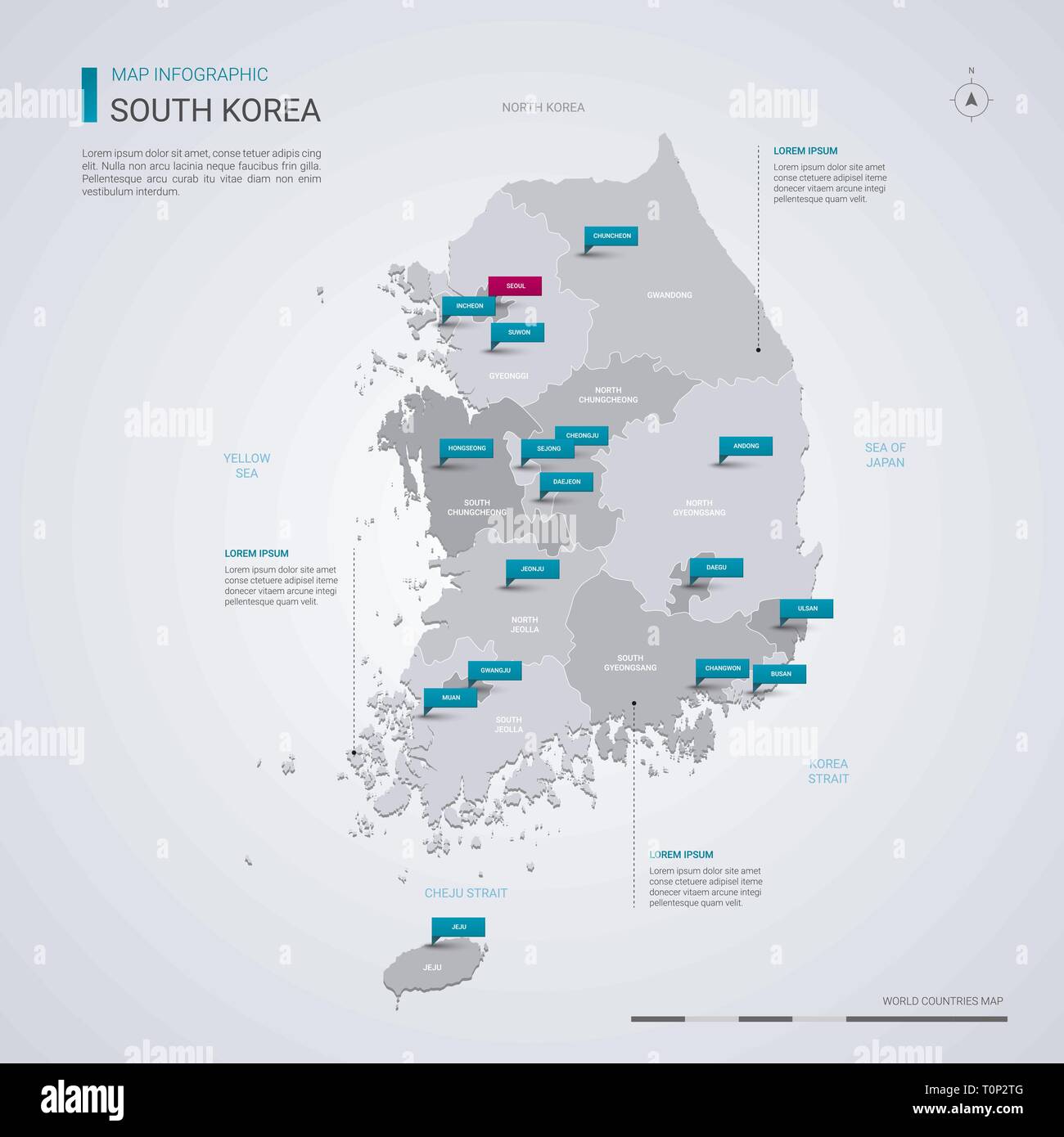 South Korea vector map with infographic elements, pointer marks ...