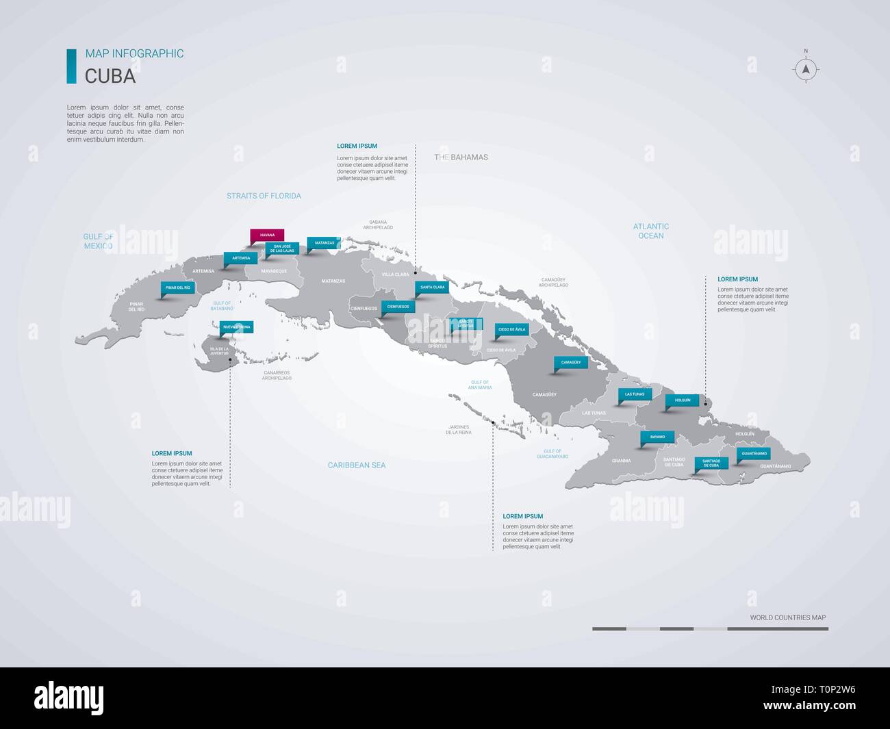Cuba vector map with infographic elements, pointer marks. Editable ...