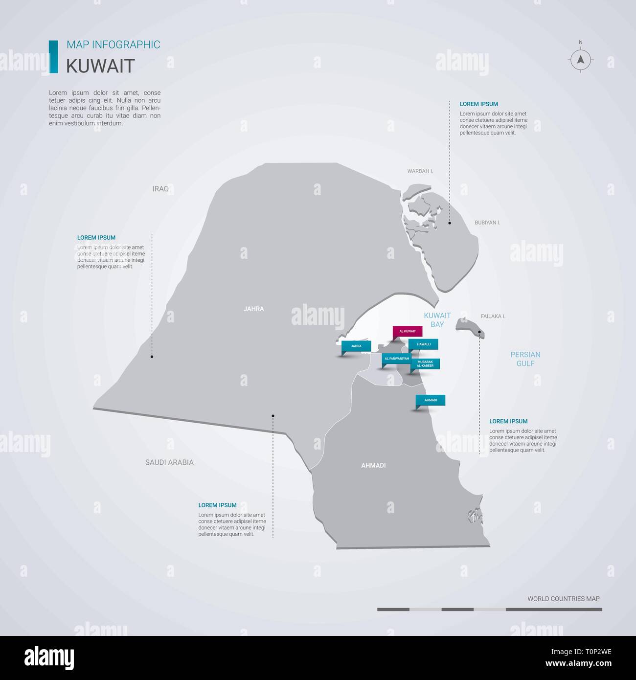 Kuwait vector map with infographic elements, pointer marks. Editable ...
