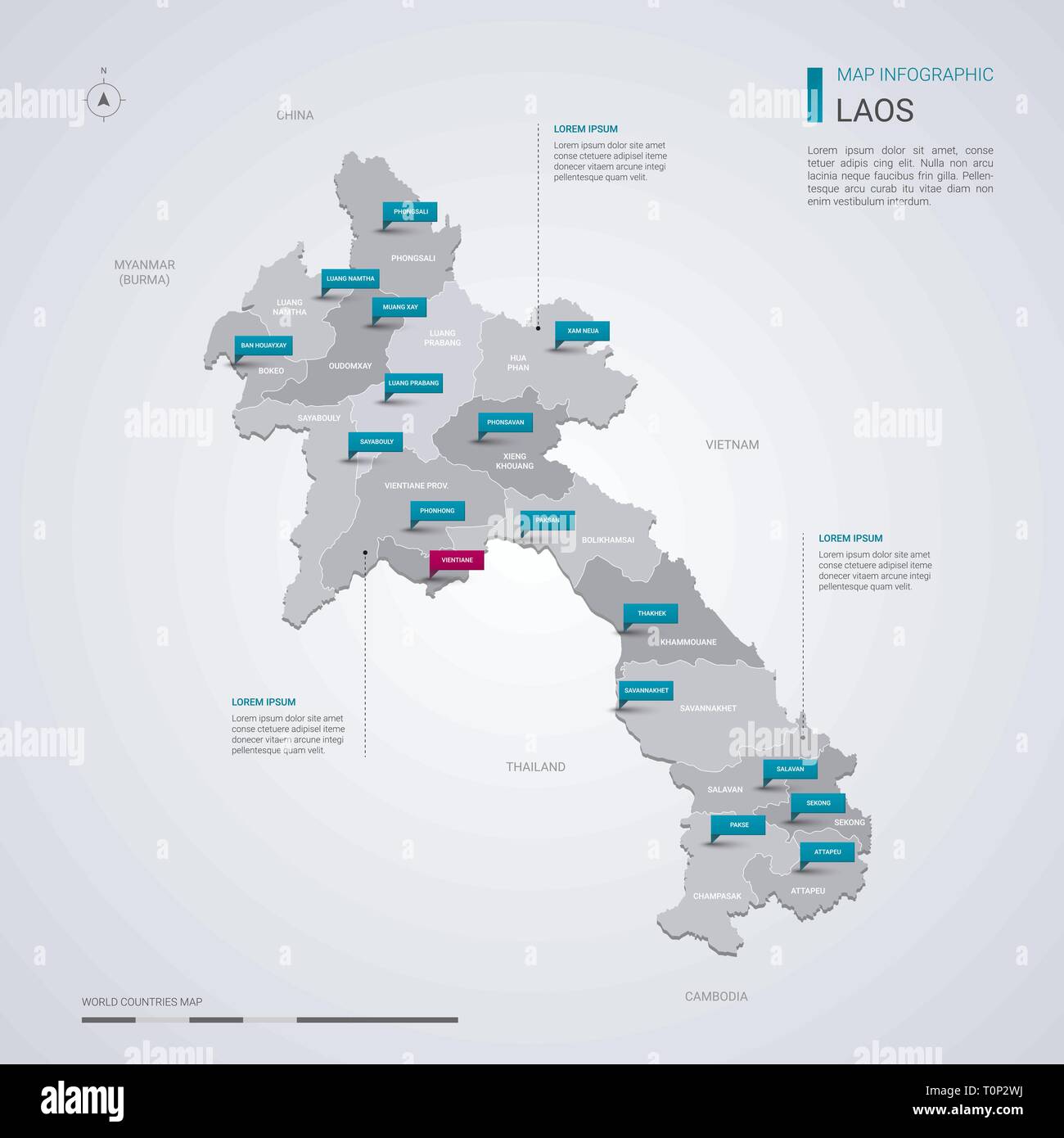 Laos vector map with infographic elements, pointer marks. Editable ...