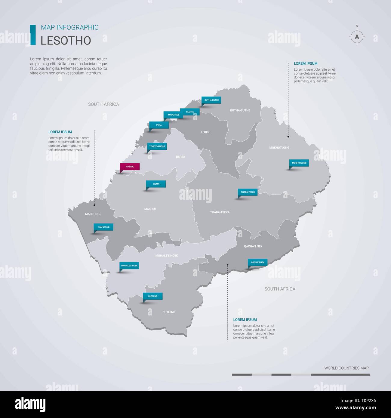 Lesotho vector map with infographic elements, pointer marks. Editable ...