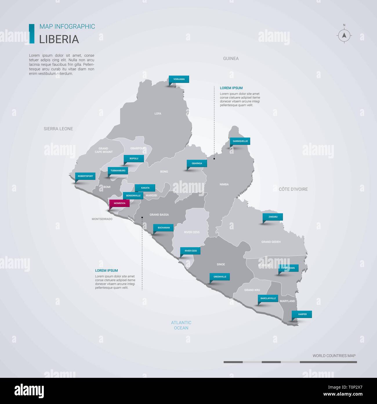 Liberia vector map with infographic elements, pointer marks. Editable ...