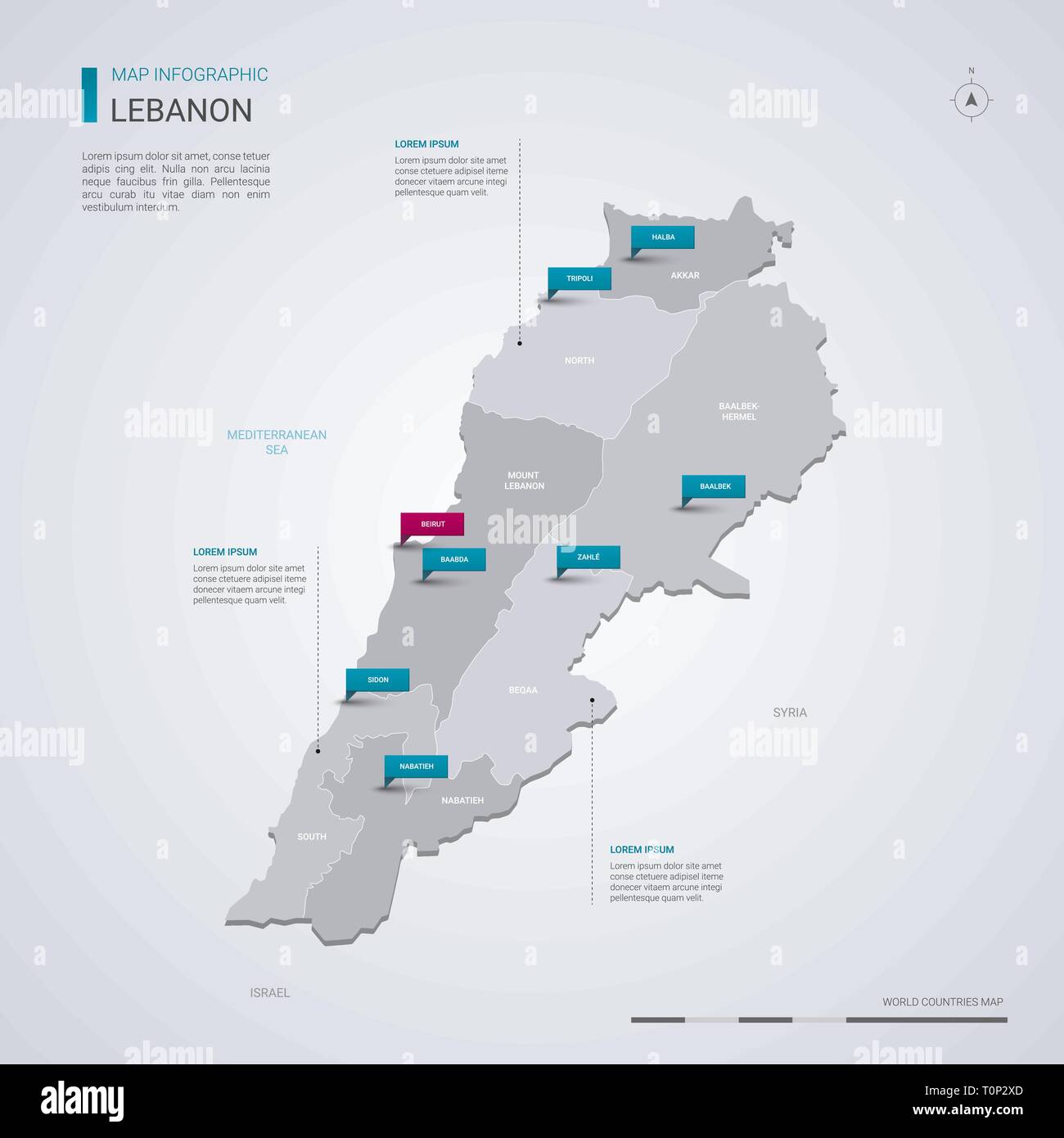 Lebanon vector map with infographic elements, pointer marks. Editable ...