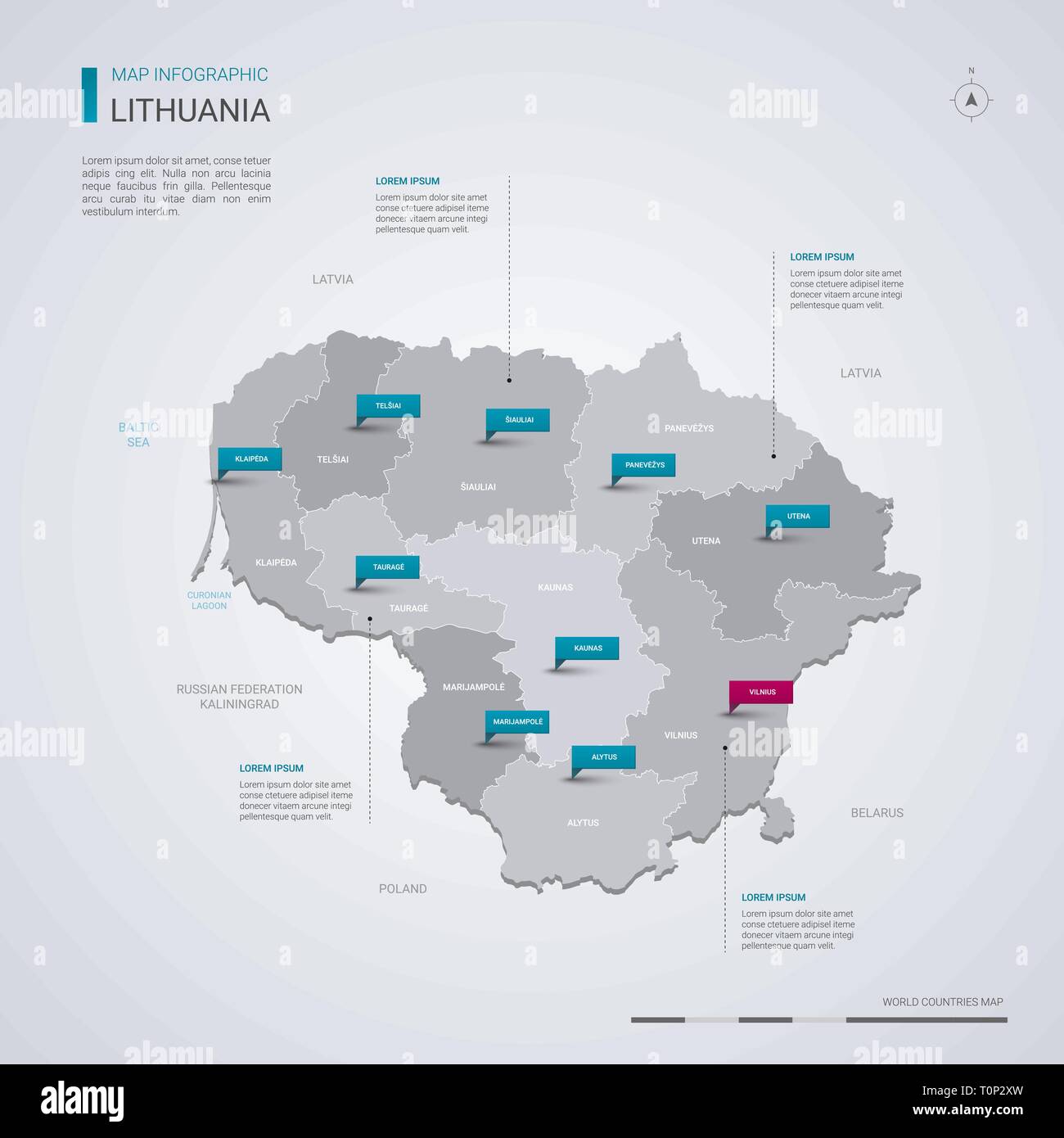 Lithuania vector map with infographic elements, pointer marks. Editable ...