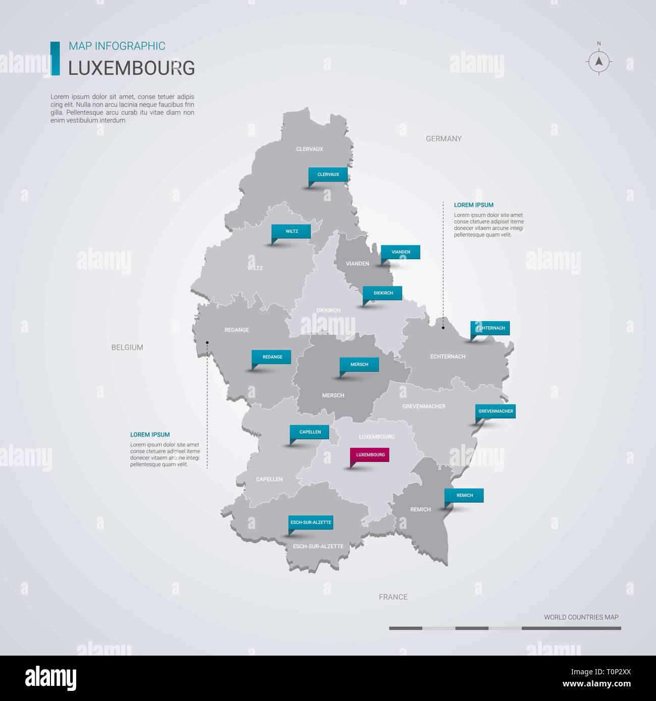 Luxembourg vector map with infographic elements, pointer marks ...