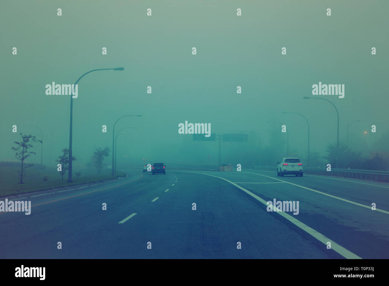 Highway in mystic fog mist smog. Cars on freeway road at evening in ...