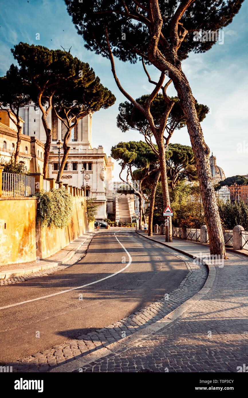 A typical landscape of Rome with tall trees and ancient buildings Stock ...