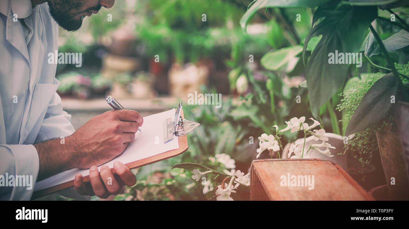 Male scientist writing in clipboard while examining plants Stock Photo ...