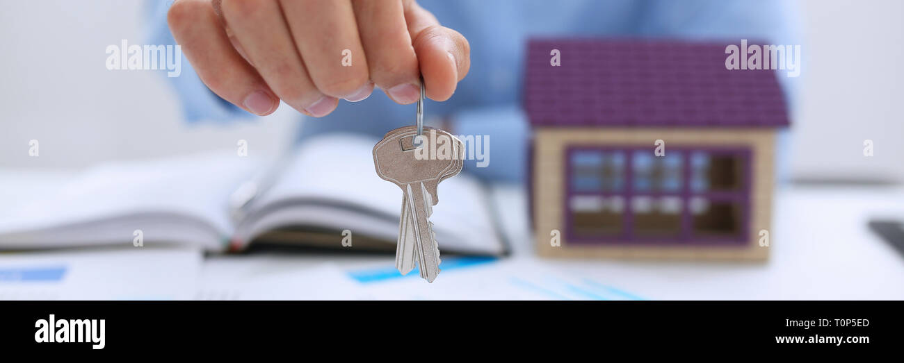 Male hand holds the key to the lock in the hand against the back Stock ...