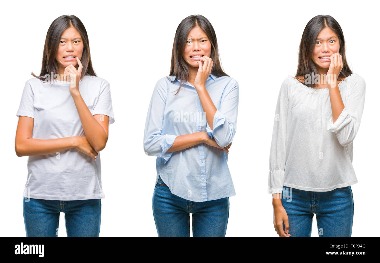 Collage of asian young woman standing over white isolated background ...
