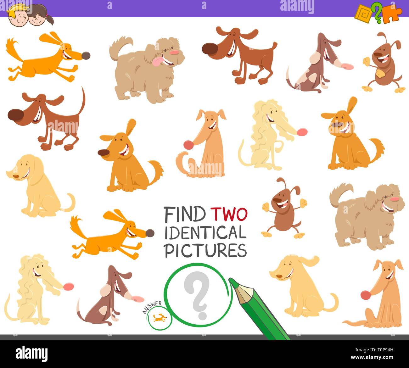 Cartoon Illustration of Finding Two Identical Pictures Educational Game ...