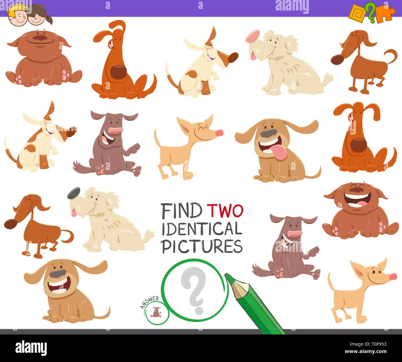 Cartoon Illustration of Finding Two Identical Pictures Educational Game ...