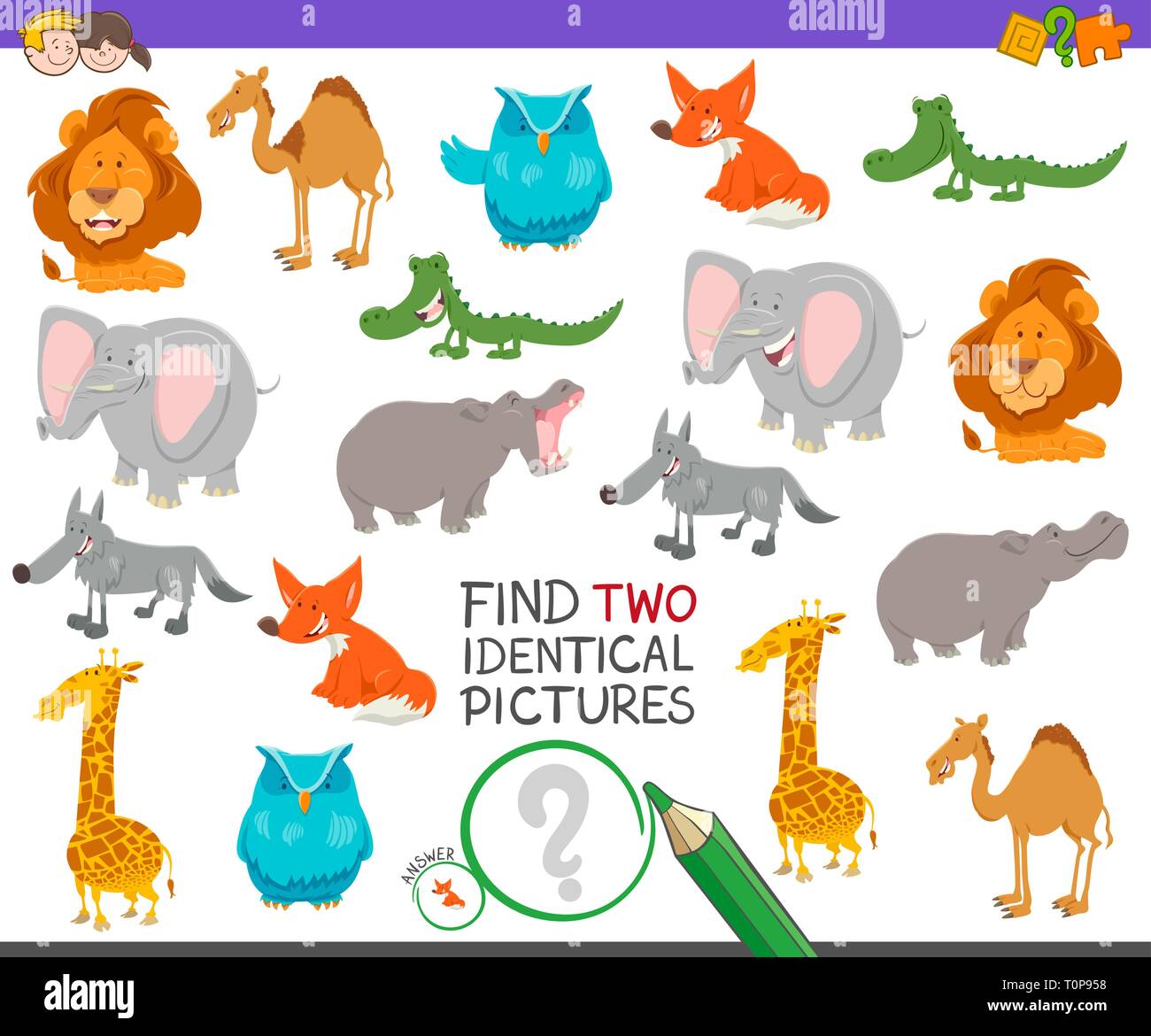 Cartoon Illustration of Finding Two Identical Pictures Educational Game ...