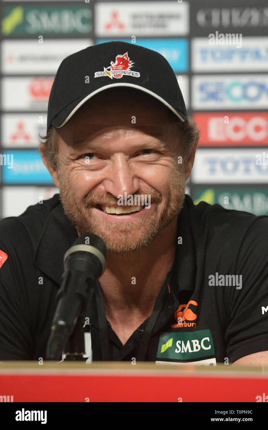 Singapore. 22nd Mar, 2019. Sunwolves' coach Tony Brown attends the pre ...