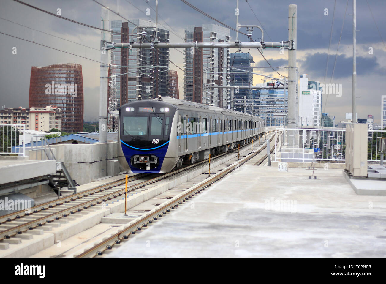 Jakarta, Indonesia. 21st Mar, 2019. Mass Rapid Transit (MRT) train during a trial run in Jakarta ...