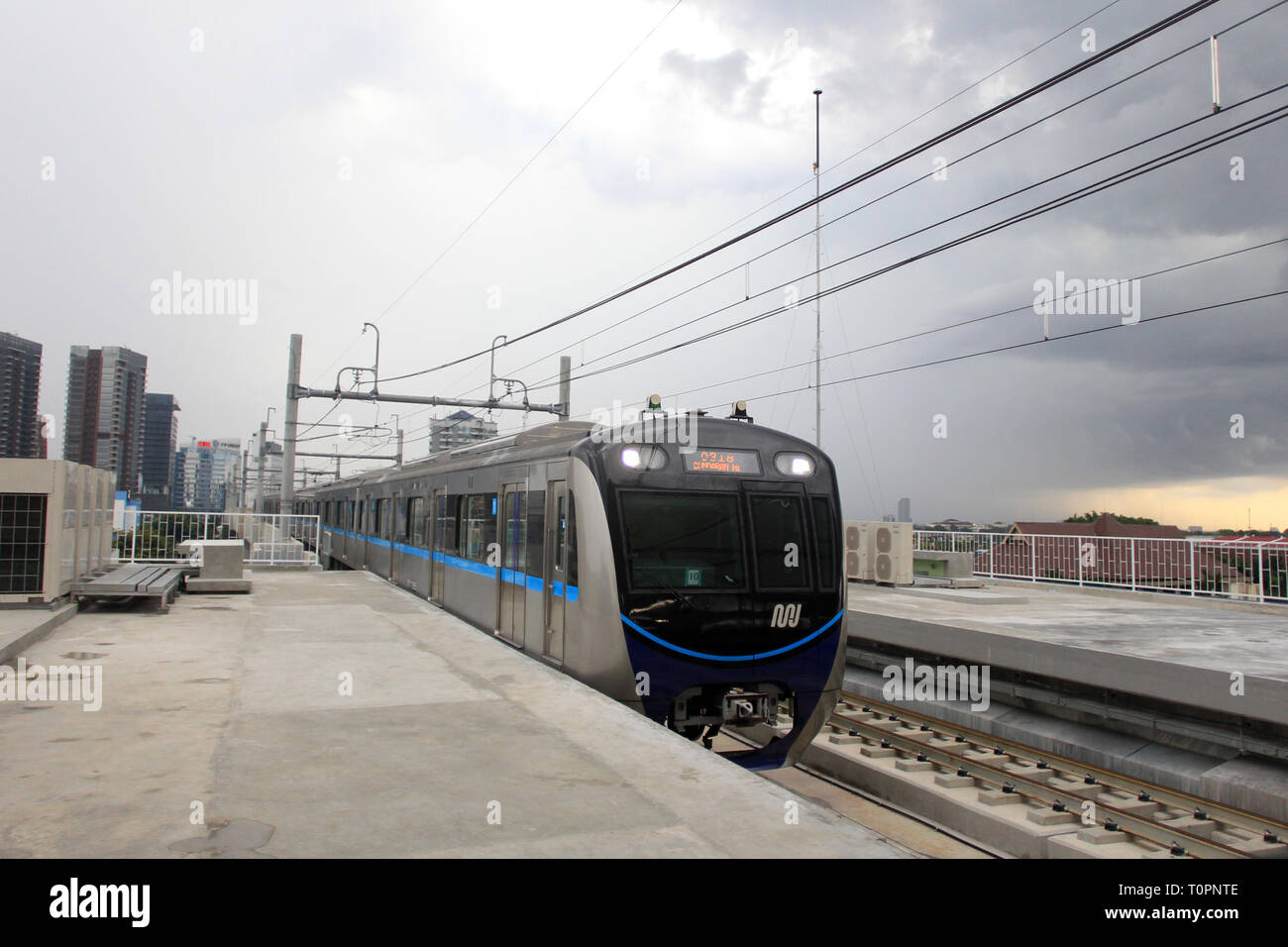 Jakarta, Indonesia. 21st Mar, 2019. Mass Rapid Transit (MRT) train during a trial run in Jakarta ...