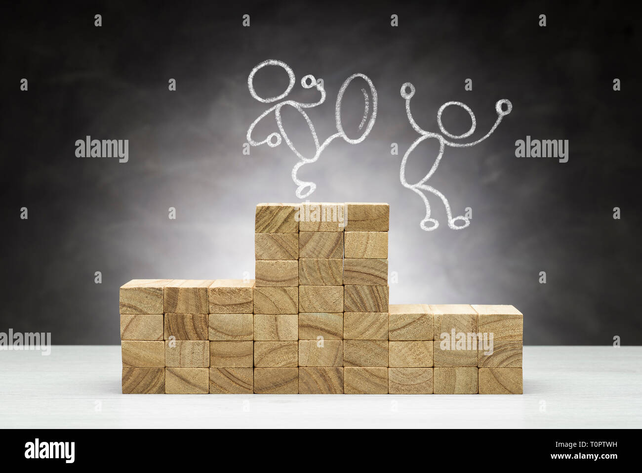 Concept of competition, wooden podium on grey background and people ...