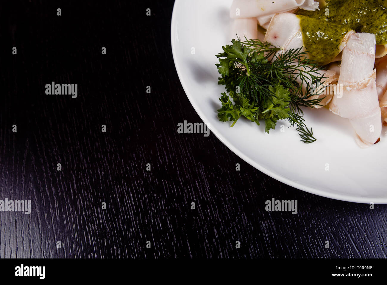 Lard. Strips of fat with copy space. Dry lard with herbs. Fat from the ...