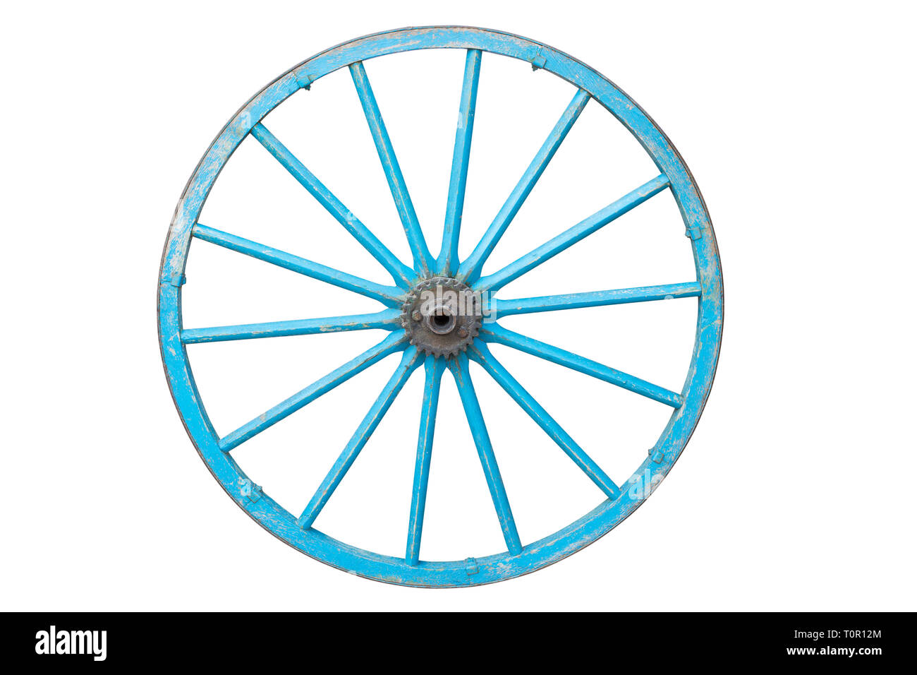 An old blue wagon wheel - isolated on white background Stock Photo - Alamy