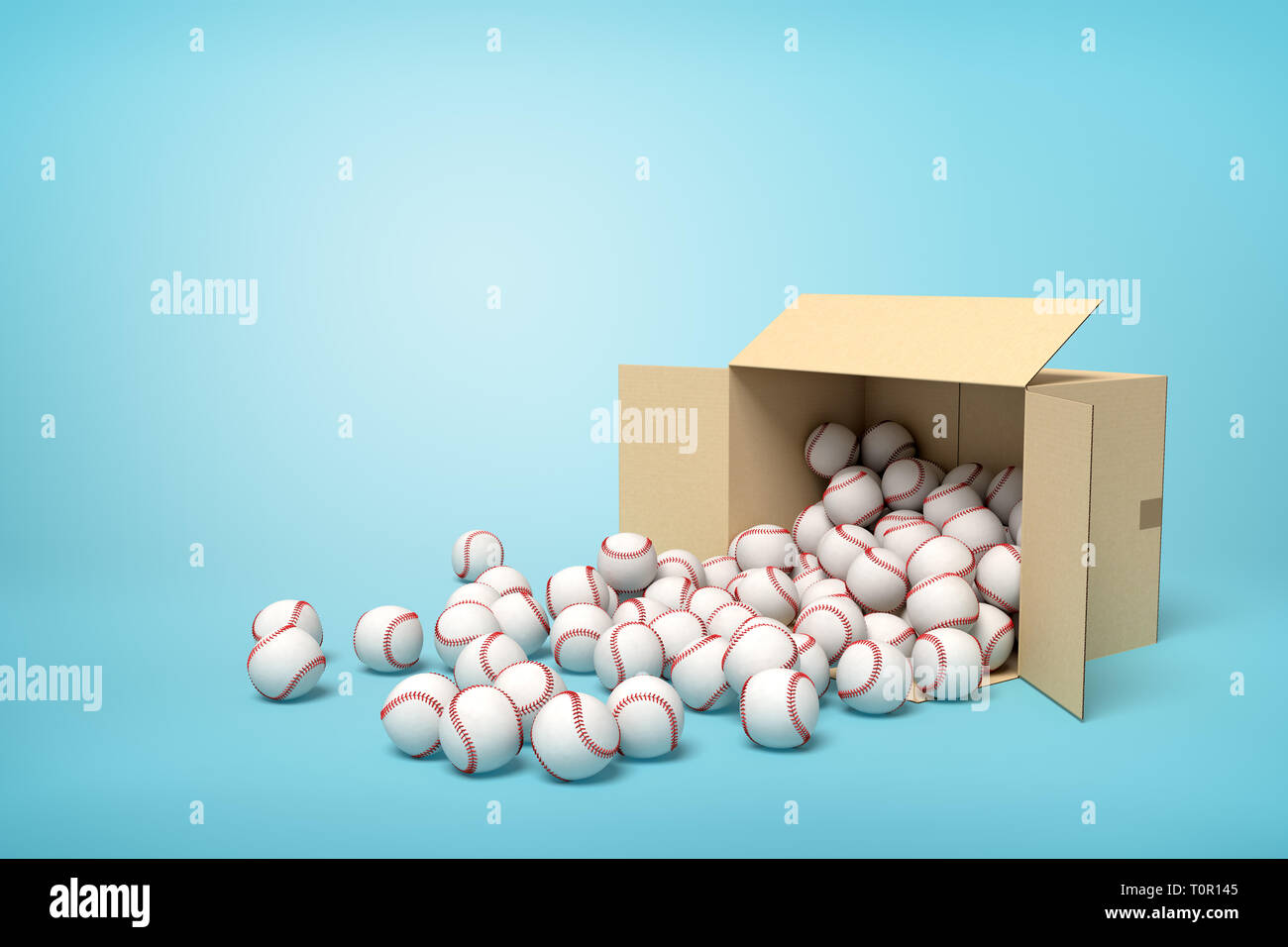 3d rendering of open cardboard box lying sidelong full of baseballs ...