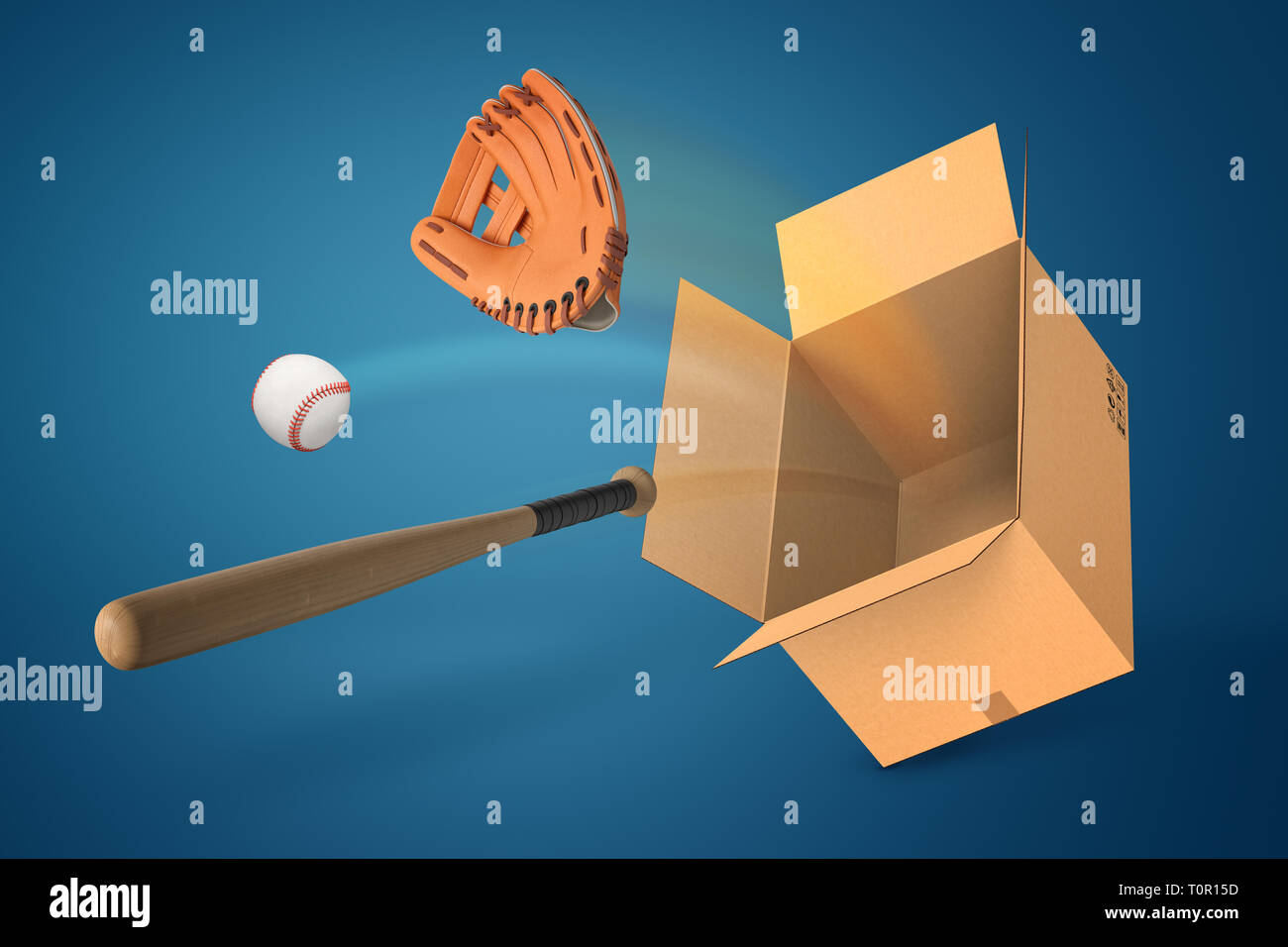 3d rendering of a baseball, a baseball bat and cap, and an empty ...