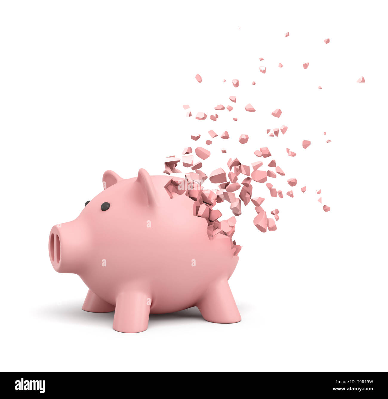 3d rendering of cute pink piggy bank starting to dissolve into pieces ...