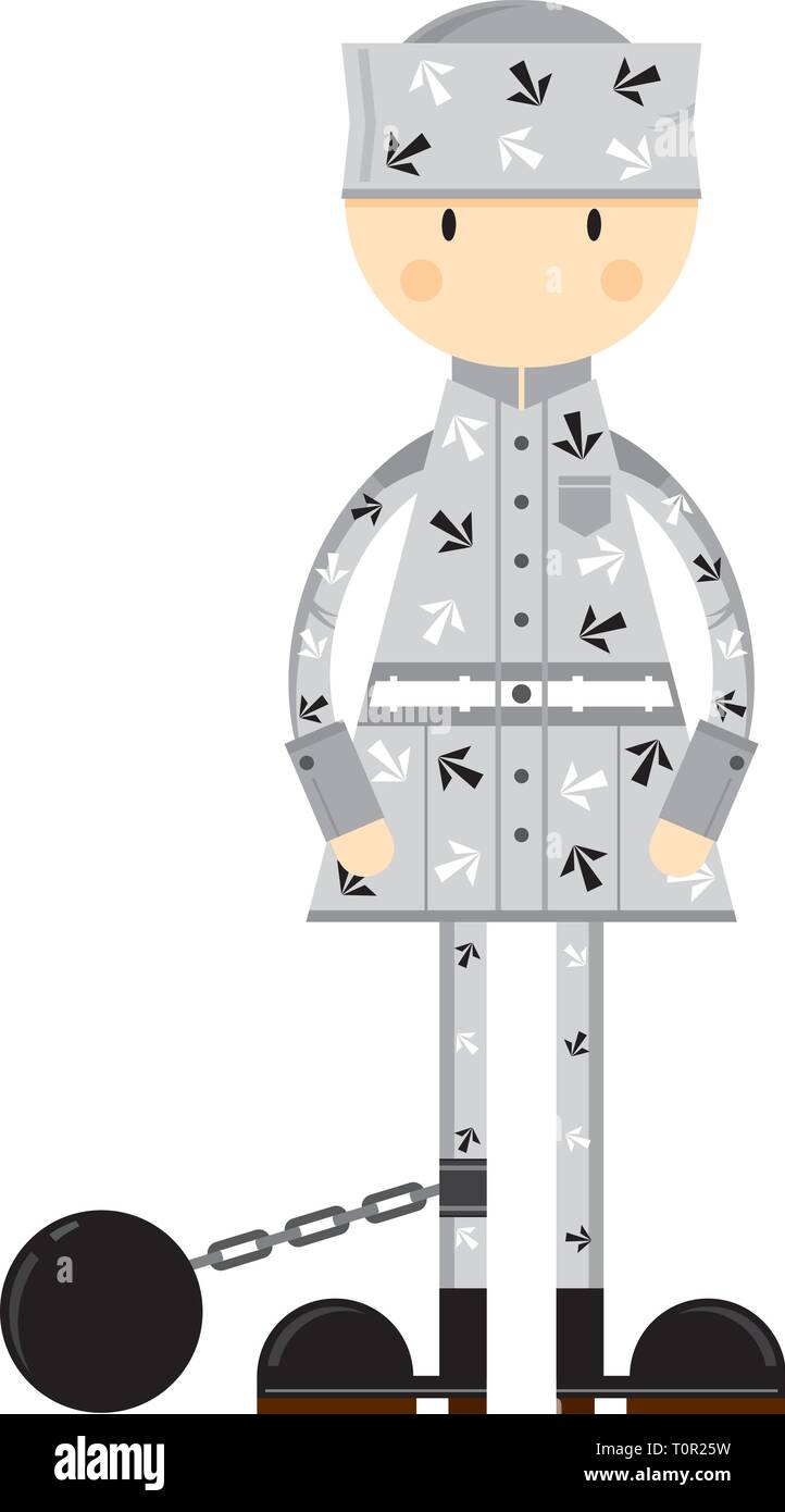 Adorably Cute Cartoon Prisoner in Vintage Arrow Style Uniform with Ball ...