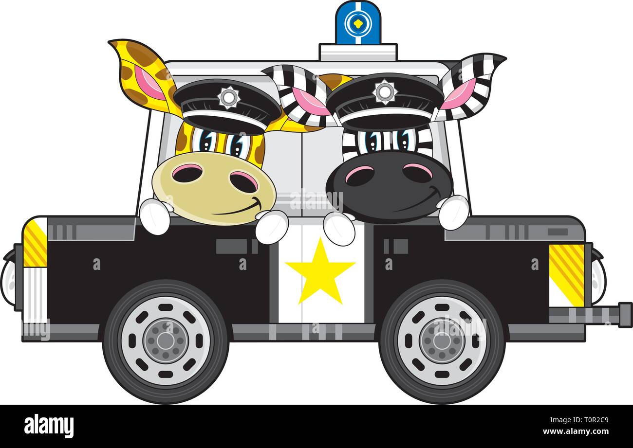 Cartoon Giraffe and Zebra Policemen and Police Car Stock Vector Image ...