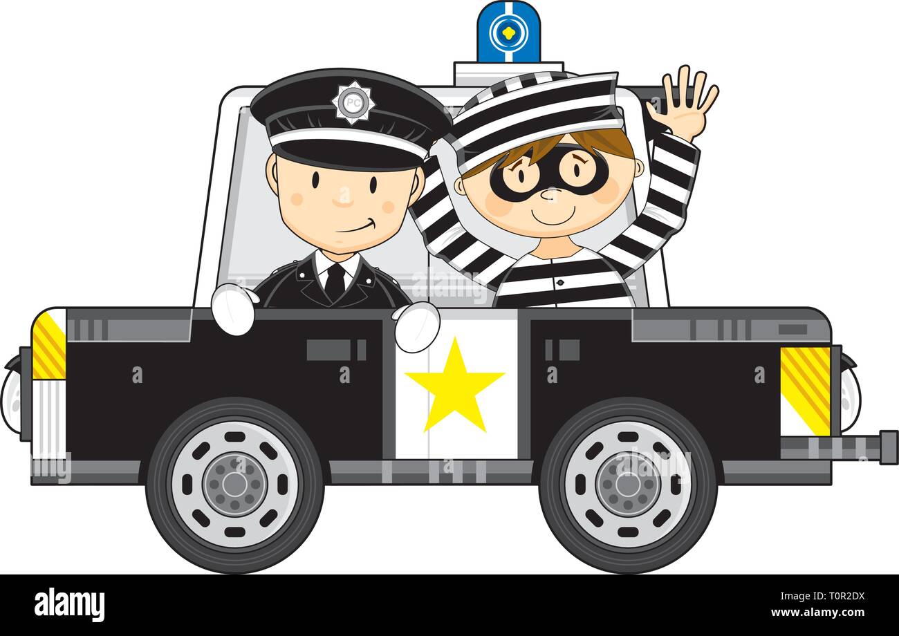 Cute Cartoon Policeman and Police Car with Classic Style Robber Stock ...