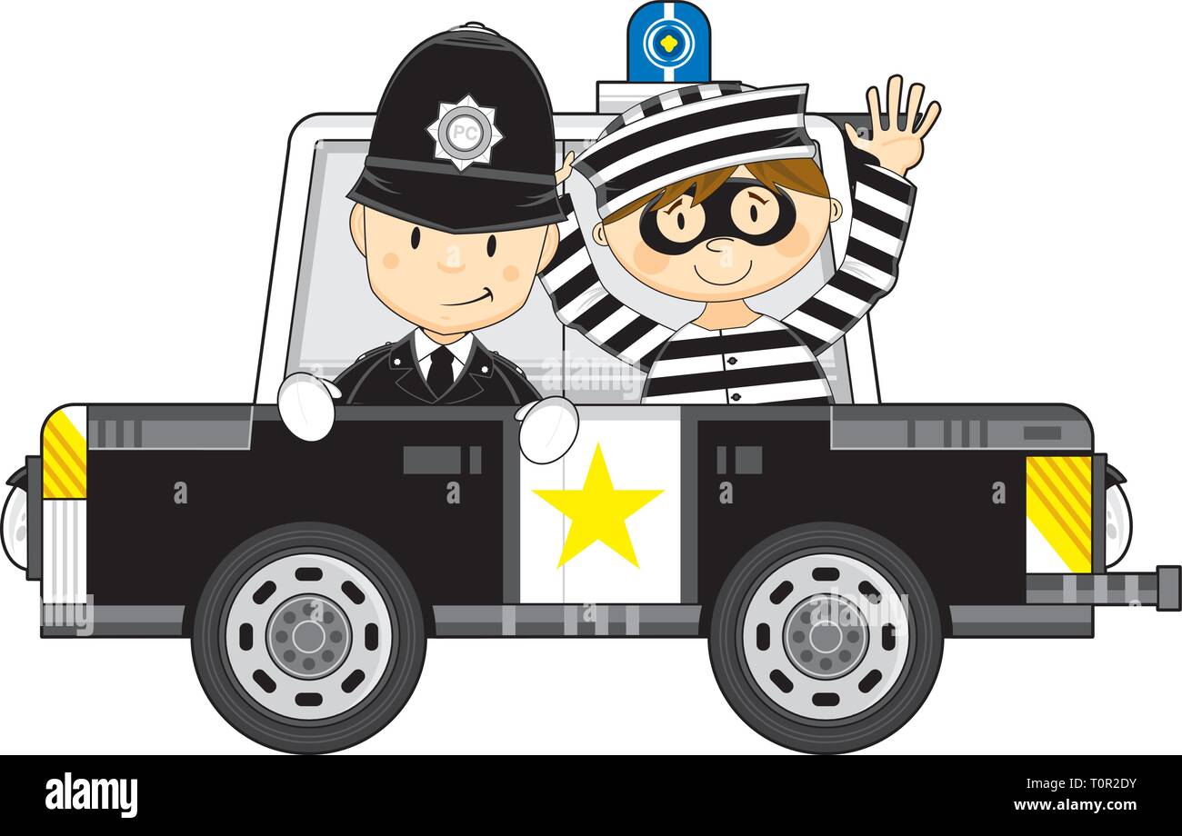 Cute Cartoon Policeman and Police Car with Classic Style Robber Stock ...