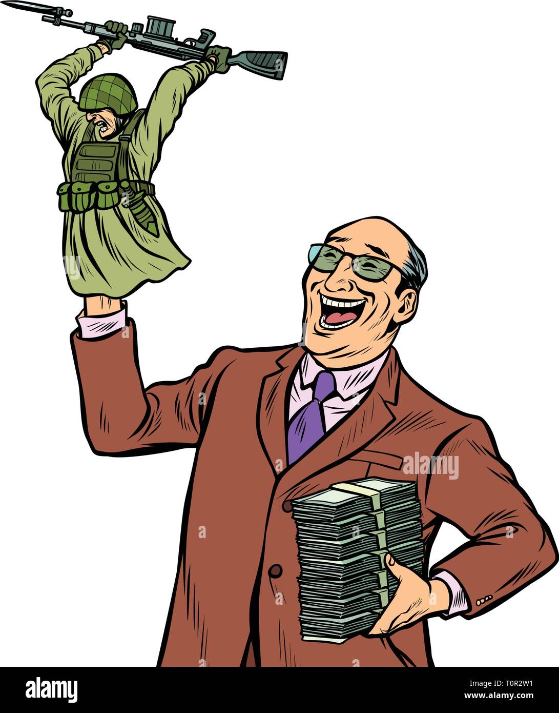 War propaganda. Soldier attacks. Politician with money. Pop art retro ...
