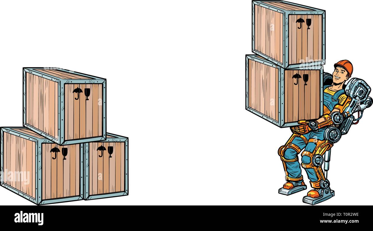 Container loading. A man works in the exoskeleton exoskeleton. Pop art ...