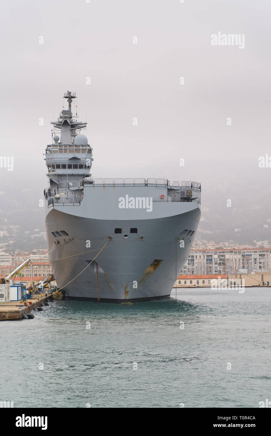 French navy Mistral class helicopter carrier in Toulon harbour Stock ...
