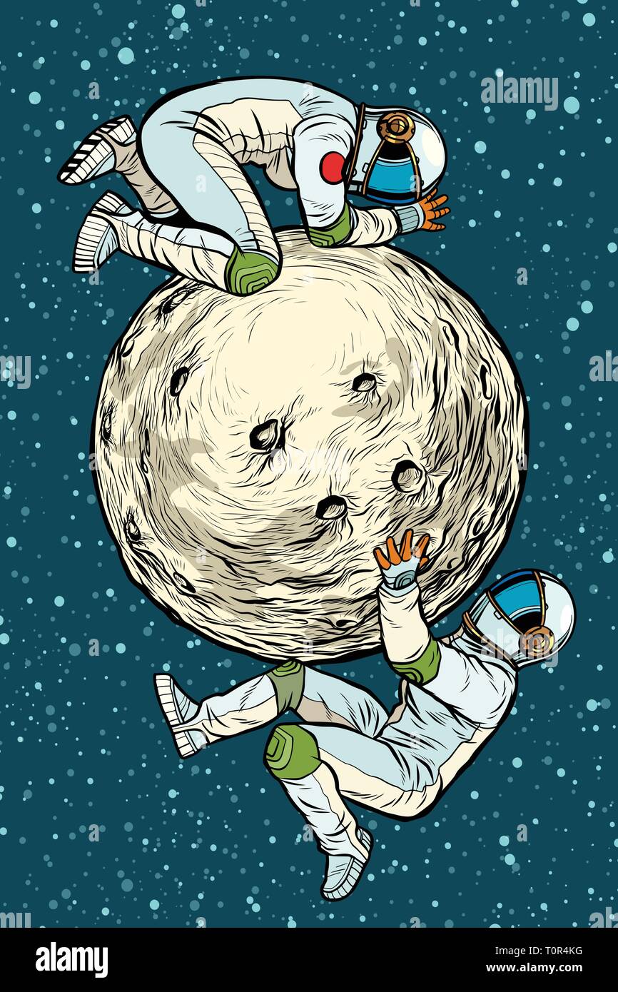 astronauts on the moon, space exploration. Pop art retro vector ...