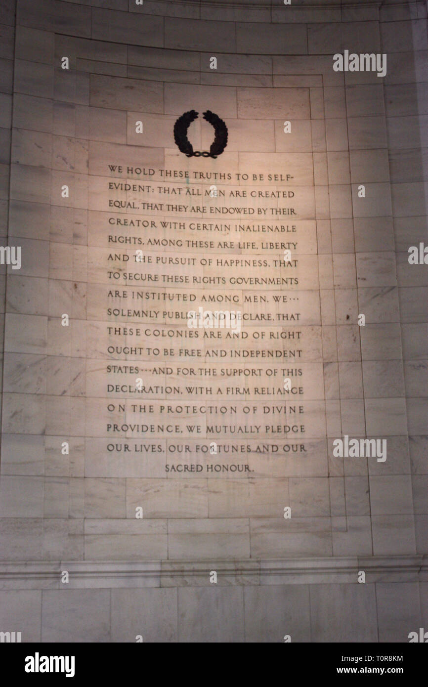 A quote from the Declaration of Independence carved into the walls of ...